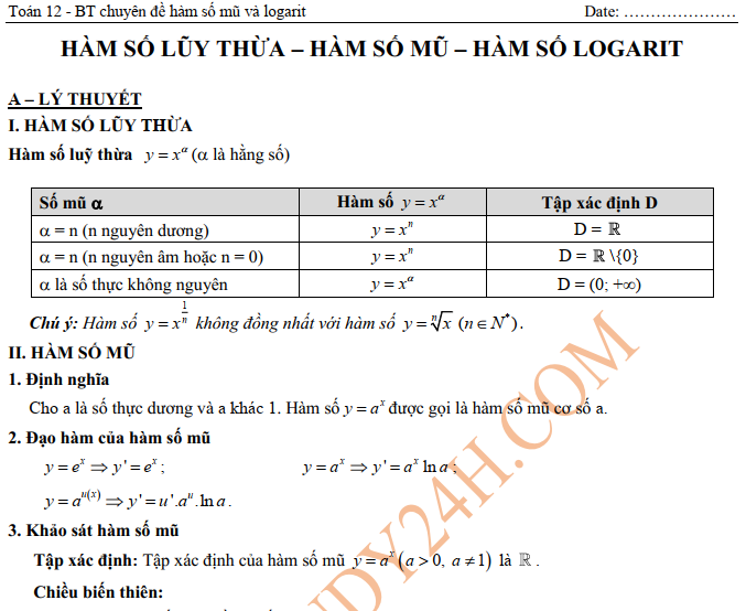 [Toán 12] - Hàm số lũy thừa, hàm mũ và logarit